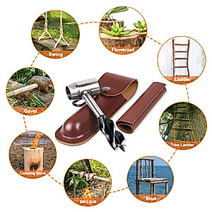 Bushcraft Gear for Survival Settlers Bushscraft Hand Auger Wrench with Flint Scotch Eye Wood Drill Peg and Manual Hole Maker Multitool with leather Case Camping brown