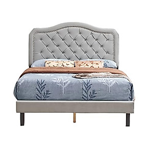 HAUSHECK Upholstered Platform Bed Queen Size, Queen Bed Frame with Button Tufted Nailhead Trim Headboard, Wood Bed Frames for Kids, Teen & Adults, Wooden Slats Support, No Box Spring Needed