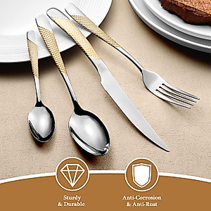 24 Piece Gold Hammered Silverware Set for 6, Premium Food-grade Stainless Steel Flatware Set, Luxury Design & Mirror Polished Cutlery Set, Eating Utensil Set with Fork Knife Spoon, Dishwasher Safe