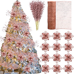 Lyrow 37 Pcs Rose Gold Christmas Glitter Poinsettia Artificial Berry Stem 10" 30 ft Deco Mesh Ribbon Set, Include 24 Christmas Flower with Stem, 12 Christmas Tree Pick 17" and Metallic Mesh Ribbon