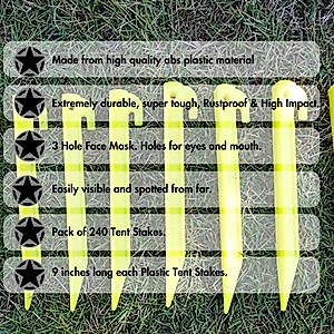 240-Pack Bright Yellow 9" Durable Plastic Tent Pegs Spikes Hook - Heavy Duty Camping Tent Stakes for Secure Tent Setup and Outdoor Adventures
