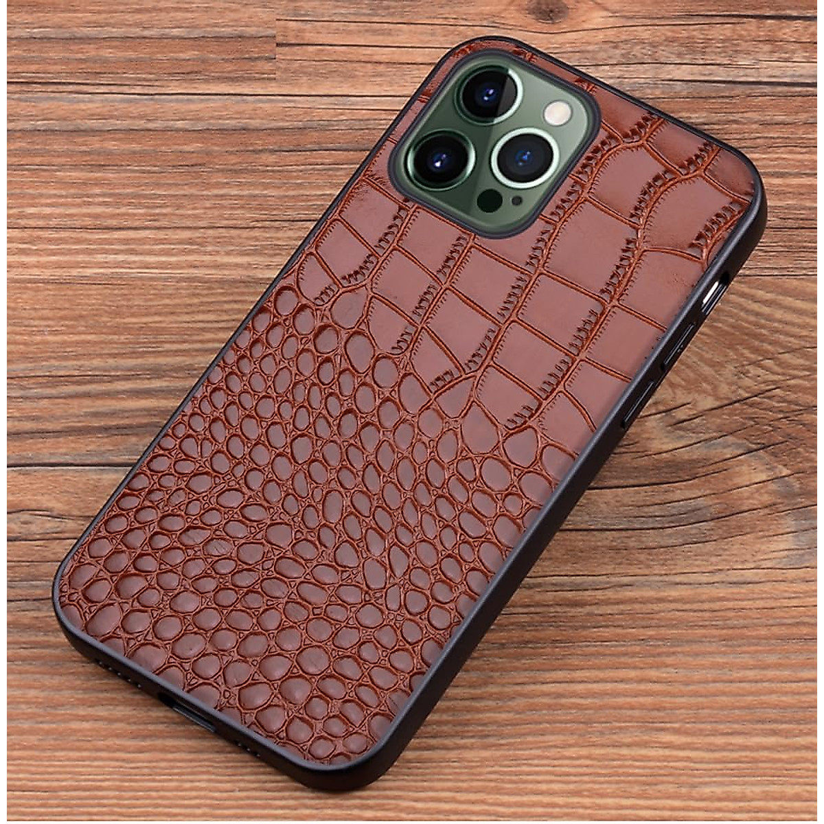 for iPhone 15 Pro Max Genuine Leather Case Luxury Design Cute Slim Crocodile Pattern Shiny Bling Glitter Fancy Back Cover for Women Girls Man Phone Skin,Brown