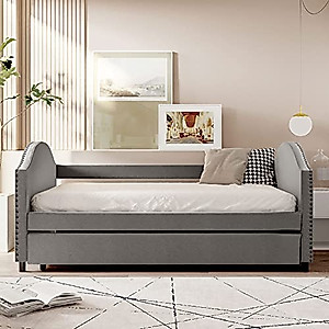 DRELOFT Full Size Upholstered Daybed with Strong Durable Pull-Out Trundle and Legs, Full Day Bed Sofa Bed with Wood Slat Support for Living Room Bedroom Guestroom, No Box Spring Needed, Gray