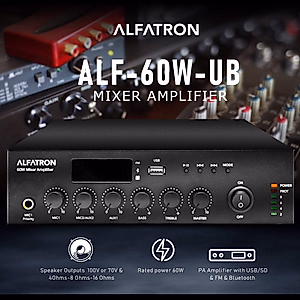 Alfatron 60W-UB Compact Mixer Amplifier with Bluetooth, On Board Tuner, Built-in USB MP3 Player, & Front Panel Mic Input, 60W at 70/100V, Perfect for Classrooms & Shops