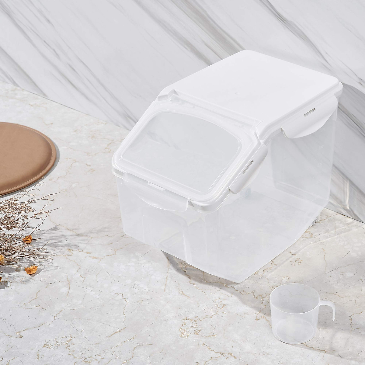 HANAMYA Food Storage Container with Measuring Cup, BPA free, 50-Cup, For Rice | Grain | Pet Food | Flour, Clear & Off White