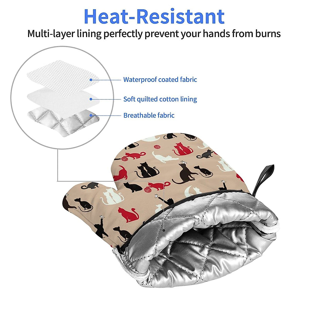 Cat Oven Mitts Set of 2 Birthday Gifts for Cat Lovers Waterproof and Non-Slip Shape Printed Kitchen Women Men Cooking Barbecue Microwave (Oven Mitts Cat, Khaki Mittens)