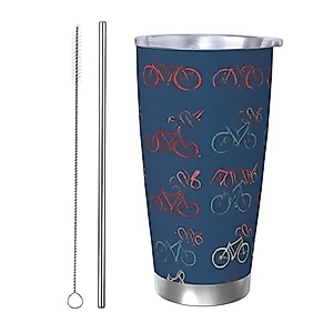 NHJKLWQSZ Bikes Bicycle Cycling 20oz Stainless Steel Tumbler With Lid And Straw, Double Wall Vacuum Insulated Coffee Mug Travel Cups Leak-Proof Lid For Hot And Cold Drinks, Metal Straws And Brush