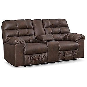 Signature Design by Ashley Derwin Urban Faux Leather Tufted Double Reclining Loveseat with Console, Dark Brown