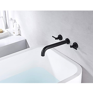 Wall Mount Tub Filler Matte Black Tub Faucet High Flow Two Handles Solid Brass, Long Spout Reach, sumerain