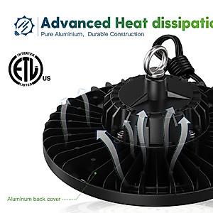 FREELICHT LED High Bay Light, 150W 21000LM Waterproof Commercial Light Fixture with Safety Cable, 1-10V Dimmable UFO High Bay Shop Light for Garage, Warehouse, Workshop