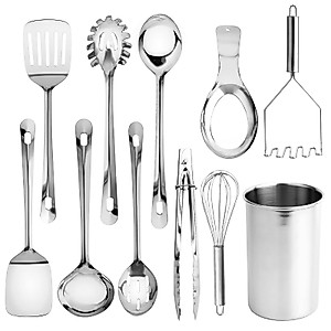 COOK WITH COLOR Stainless Steel Kitchen Utensil Set - 10-piece premium Nonstick & Heat Resistant Kitchen Gadgets, Turner, Spaghetti Server, Ladle, Serving Spoons, Whisk, Tongs, Masher & Utensil Holder