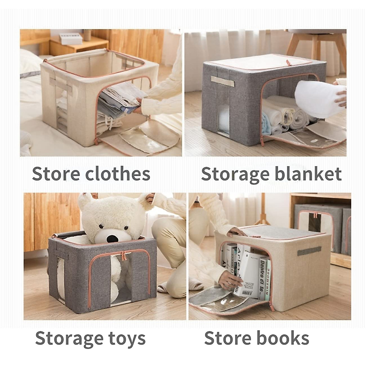 3 Pack Clothes Storage Bags - 66L Foldable Stainless steel Frame Storage Box - Stackable Linen Fabric Container Organizer Set with Carrying Handles and Clear Window With sturdy zipper ( 19.7x15.7x13inch）