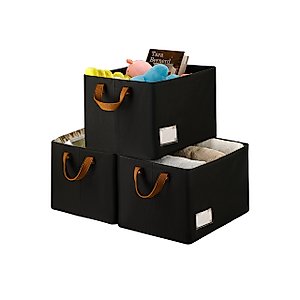 Furnhome Fabric Storage Bins for Shelves,Large Storage Basket for Organizing with Metal Frame, Flodable Storage Bins with Handles for Closet, Black, 3-Pack