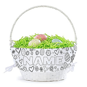 Floral and Heart Theme DIY Personalized Easter Egg Basket with Handle and Custom Name | Color It Yourself Easter Basket Liners | White Basket | Woven Easter Baskets for Kids | Customized Easter Basket