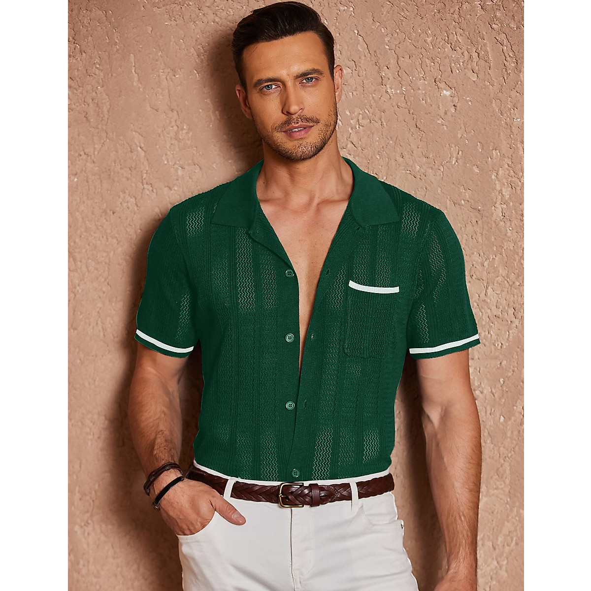COOFANDY Knit Summer Shirts for Men Short Sleeve Button Down Polo Shirts with Pocket Green