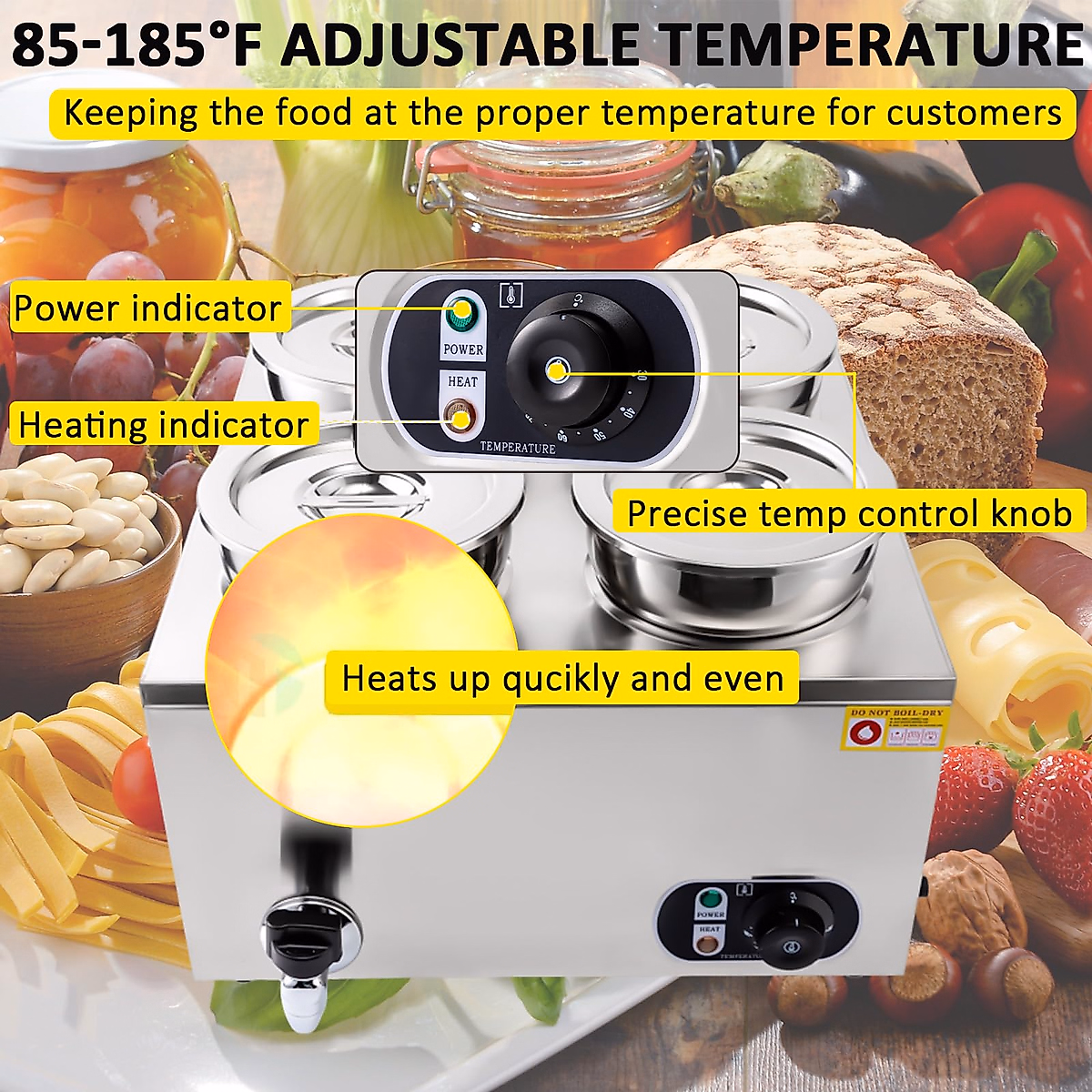 LOYALHEARTDY Commercial Soup Warmer 4 Pan with Tap, 16L/16.8Qt Commercial Food Warmer with Soup Ladle 110V 300W Countertop Soup Pot Adjustable Temp 86-185℉ for Parties, Catering and Restaurants