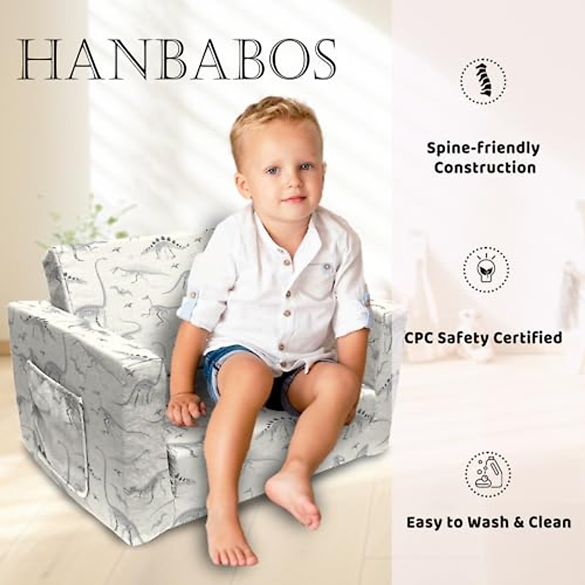 Hän Babos Kids Couch, 2-in-1 Convertible Sofa to Lounger, Comfy Flip-Out Couch Chair/Sleeper Bed for Toddler Boys and Girls (Dinasour Fossil)