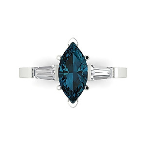 Clara Pucci 1.97ct Marquise Baguette cut 3 stone Solitaire Natural London Blue Topaz gemstone designer Modern Ring 14k White Gold