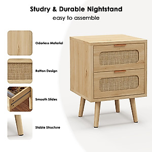 YMBSBUY Rattan Nightstand Set of 2,Night Stand Bedside Table with 2 Drawers,Mid Century Modern Nightstand End Table for Bedroom,Dorm,Small Spaces,Boho Wood Side Table with Storage,Natural,2 Pack