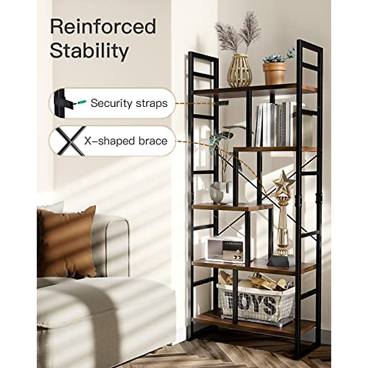 Pipishell 5-Tier Bookshelf, Tall Bookcase Storage Shelf Organizer with Steel Frame, Decorative Industrial Display Shelf, Multipurpose Storage Rack for Bedroom, Living Room, Office, Study, Hallway