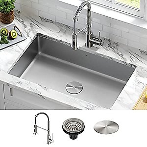 Kraus KCL-1700 Dex 16 Gauge Stainless Steel Single Bowl Sink with Spot Free 18-Inch Commercial Kitchen Faucet with Dual Function Pull-Down Sprayhead in All-Brite