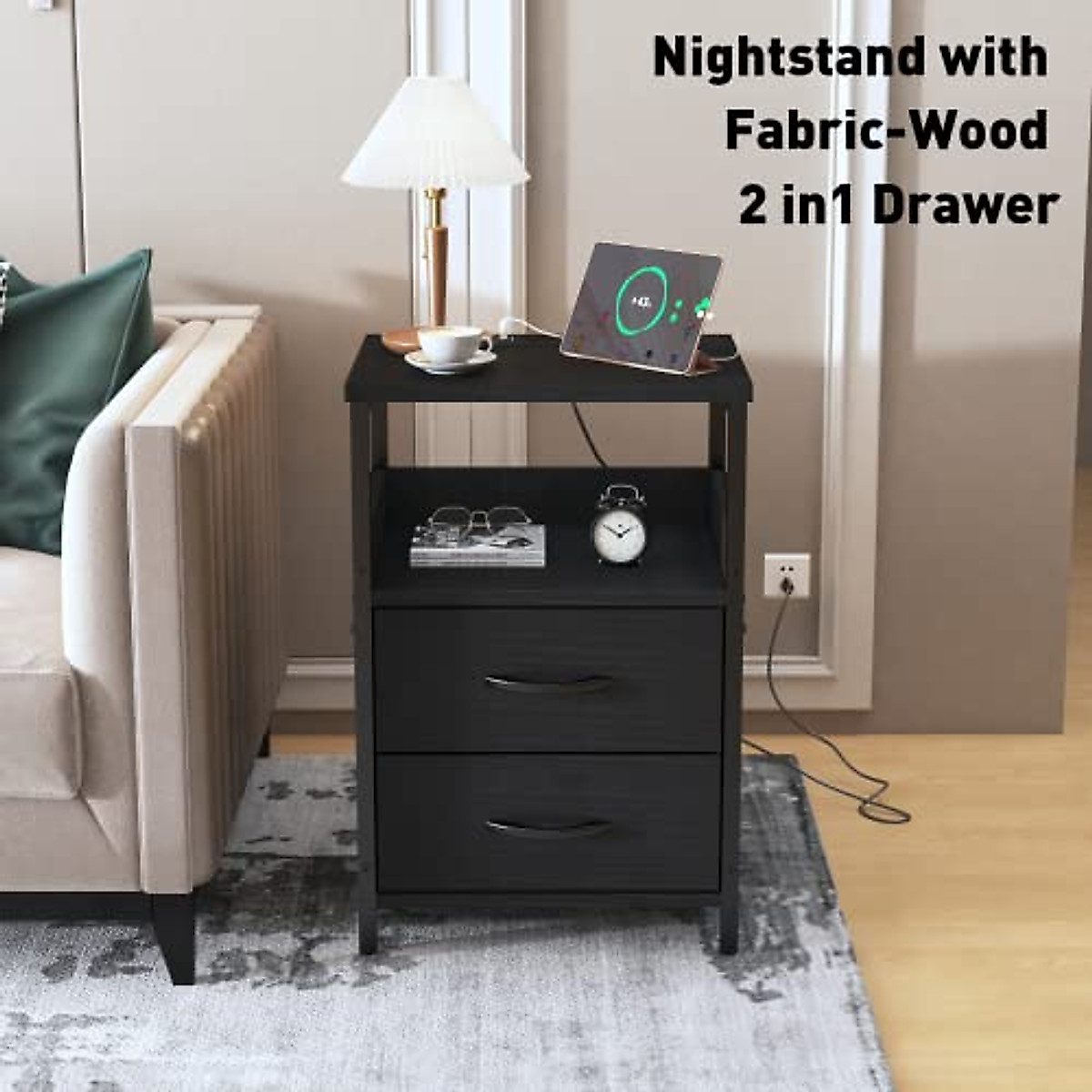 KHLJJU End Table with Charging Station, Nightstand with Fabric Drawer, Small Side Table for Small Spaces, Black Bedside Tables with USB Ports and Outlets for Living Room, Bedroom, Office