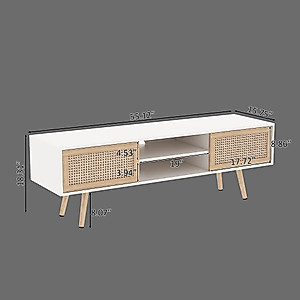 YOUGUO Rattan TV Stand for 65 Inch TV, Boho Entertainment Center with Natural Rattan Sliding Doors & Adjustable Shelf, Wood TV Media Console for Living Room, White