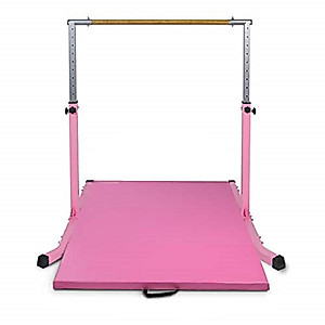Pro-Gymnastics Expandable Kip Bar Adjustable Height for Gymnastics 3 to 5 FT Gymnastics Bar, with 6 FT x 4 FT Tumble Mat, Horizontal Junior Training Bar Cushioned Bar & Curved Legs (Pink)