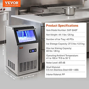 VEVOR Commercial Ice Maker Machine, 80lbs/24H Ice Maker Machine with 27.5lbs Storage Capacity, 40 Ice Cubes in 12-15 Minutes, LED Digital Display Commercial Ice Maker for Bar Home Office Restaurant