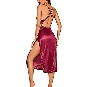 LYANER Women's Sexy Lingerie Nightgown Lace Chemise High Slit Dress Babydoll Sleepwear Wine Red Medium