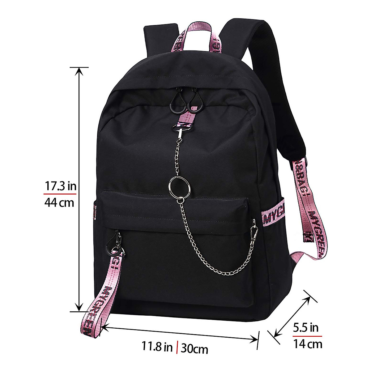 El-fmly Fashion Water Resistant Backpack for Travel Lightweight School Bookbags with Cute Letters Strap for Teenage Girls & Children (Black+Pink)