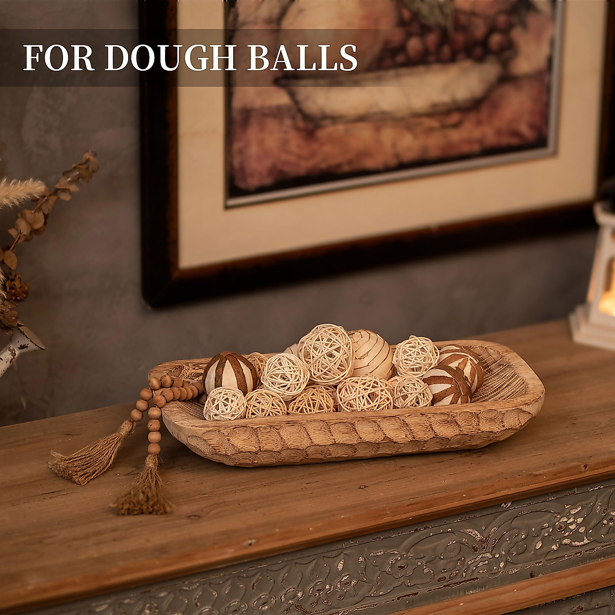 Hanobe Decorative Wood Dough Bowl: Wooden Table Centerpiece 16.5" Farmhouse Home Decor Tray Rustic Burnt Natural Decorations Holder for Candle Dining Room Kitchen Entryway Fireplace