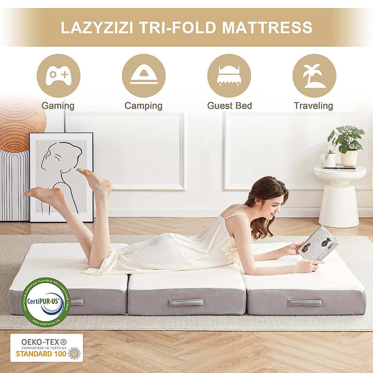 Lazyzizi Folding Mattress, 6 Inch Memory Foam Tri-fold Mattress with Breathable & Washable Bamboo Fiber Fabric Cover, Foldable Floor Mattress Guest Bed for Camping, Road Trip, Cot