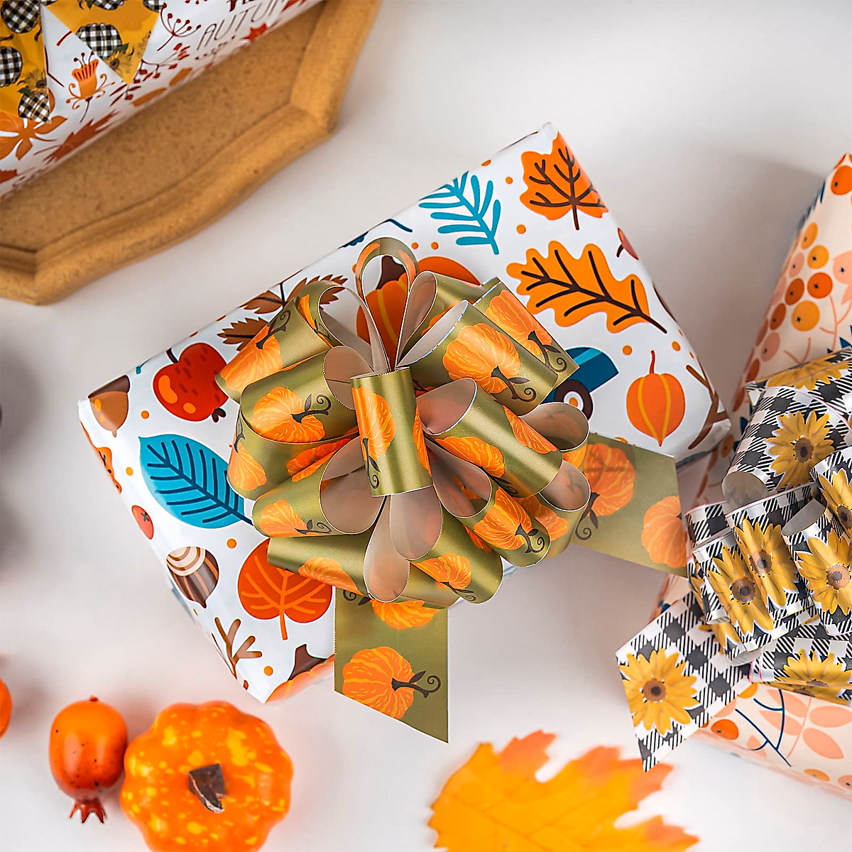 WRAPAHOLIC 18 Pcs Autumn Gift Pull Bows Assortment - 5 Inches Diameter Pull String Bows for Christmas, Holiday, Party Favors, Decor