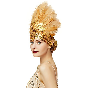 BABEYOND Carnival Feather Headpiece Showgirl Headband Women's Feather Pageant Headband 1920s Flapper Headband (Gold)