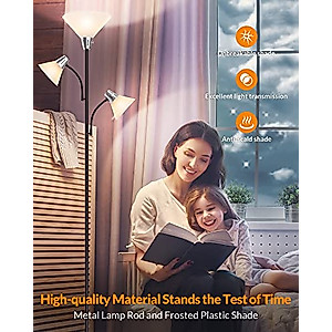 LEPOWER Floor Lamp with Replaceable 3000K Energy-Saving LED Bulbs , 9W LED Standing Lamp with 5W Adjustable Reading Lights, Modern Bright Black Floor Lamp for Living Room, Bedroom, Office