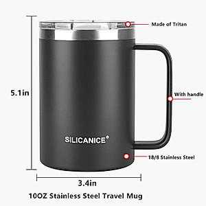 SILICANICE 14 oz Stainless Steel Vacuum Insulated Tumbler with handle & MacSlider Lid, Dishwasher Safe & Spill Proof Coffee Cup, Travel Mug for Hot/Cold Drinks, Durable Design - Black