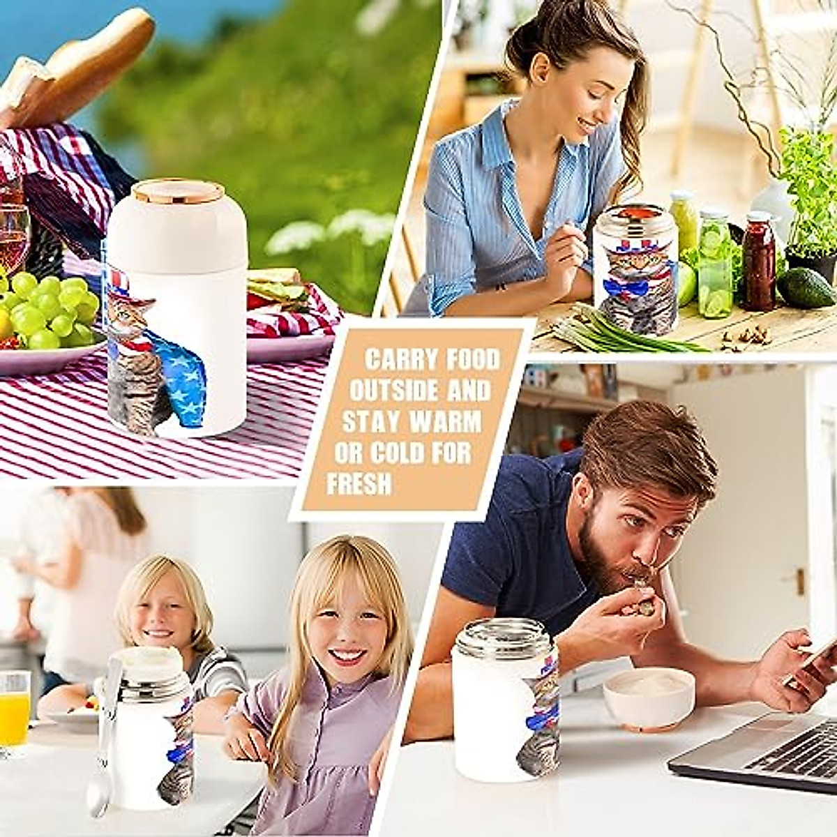CUPADA Patriotic Cat Food Jar, 4th Of July Insulated Hot Food Jars Vacuum 17OZ with Folding Spoon for Work Trip Picnic Camping