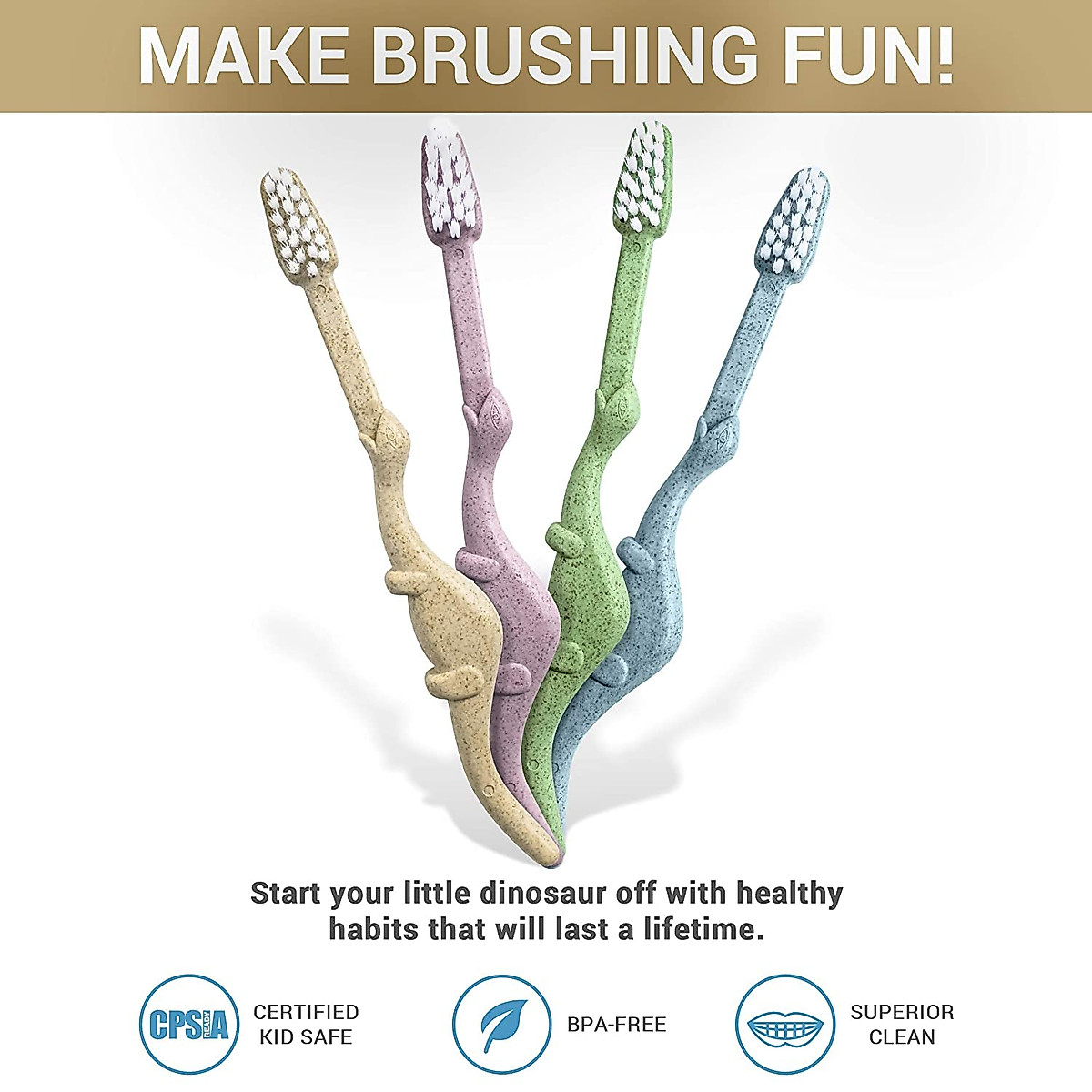 ANPEI ROARex Vegan Kids Toothbrush | Dino Design | Biodegradable & Compostable Natural Plant-Based Toothbrush | Dinosaur Theme | 1% for The Planet