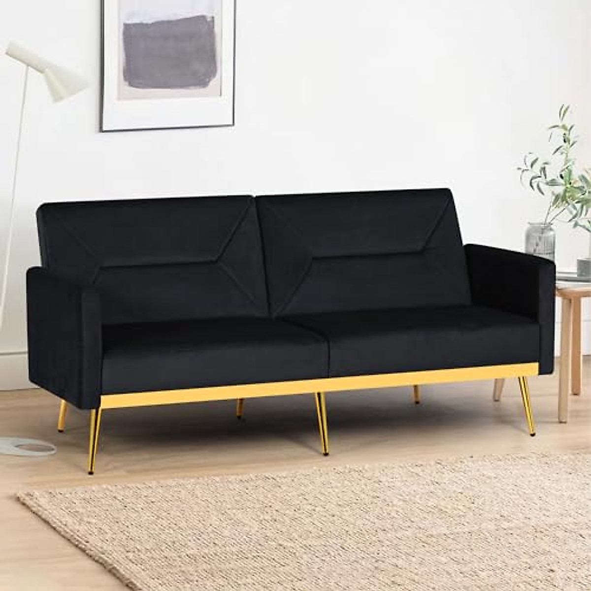 Lesofair Velvet Sofa Bed with Adjustable Backrest, Tufted Futon with Adjustable Armrests, Convertible Sleeper Couch w/Golden Legs for Living Room, Bedroom, Waiting Room, Black