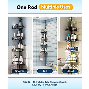 EUHOME Shower Caddy Tension Pole, Corner Shower Caddy Tension Rod 4 Adjustable Shelves Standing Shower Caddy for Bathroom Organizers Storage, Black