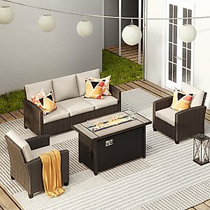 VICLLAX 4 Pieces Wicker Patio Furniture Set with 45-Inch Firepit Table, Outdoor Conversation Set with 3-seat Sofa, 2 Single Wicker Sofas and Marble Top Firepit Table for Garden, Poolside, Backyard