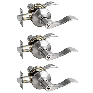 NeuType 3 Pack Satin Nickel Front Door Handle with Lock and Key, Entry Door Lockset, Wave-Like Lever, Keyed Entry Lock for Home Office or Hotels, Compatible with Right & Left Handed Doors