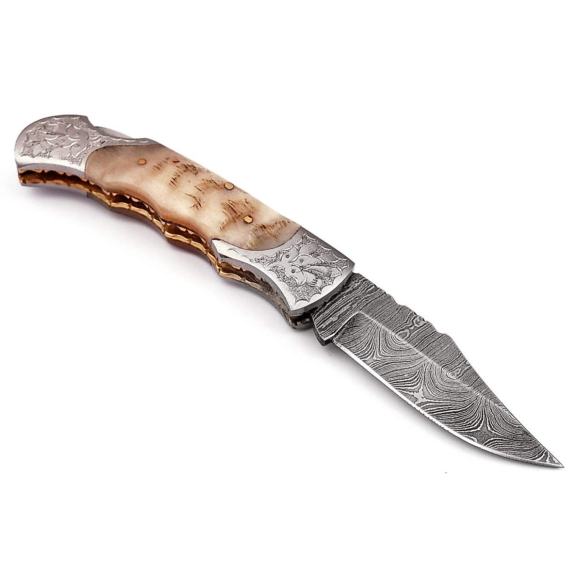 Handmade Damascus Steel Pocket Knife - Damascus Folding Knife - Pocket Knife for Men, EDC gift Knife & Damascus Blade Hunting Skinning Knife with Back Lock & Ram Horn Handle with Leather Knife Sheath