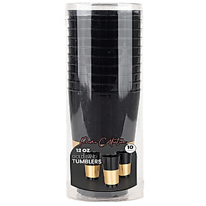 PLASTICPRO Disposable 12 oz Black Plastic Tumblers With Gold Band for Party's & Weddings pack of 40