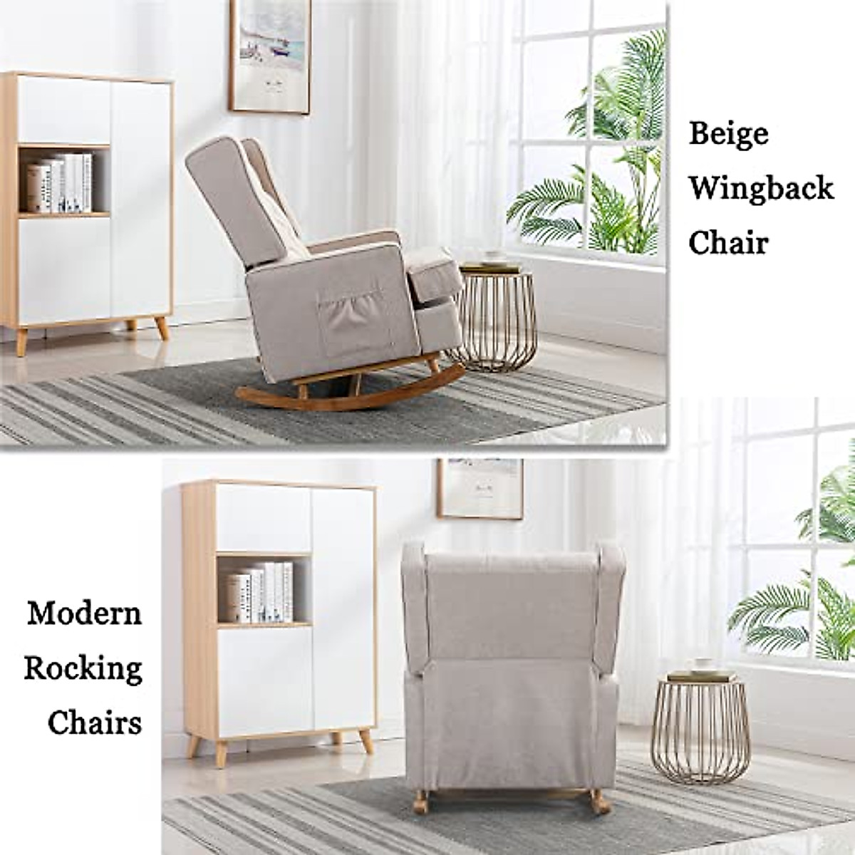 Dolonm Nursery Rocking Chair Upholstered Mid Century Modern Rocker Oversized Wingback Armchair for Living Room with Solid Wood Base (Beige)