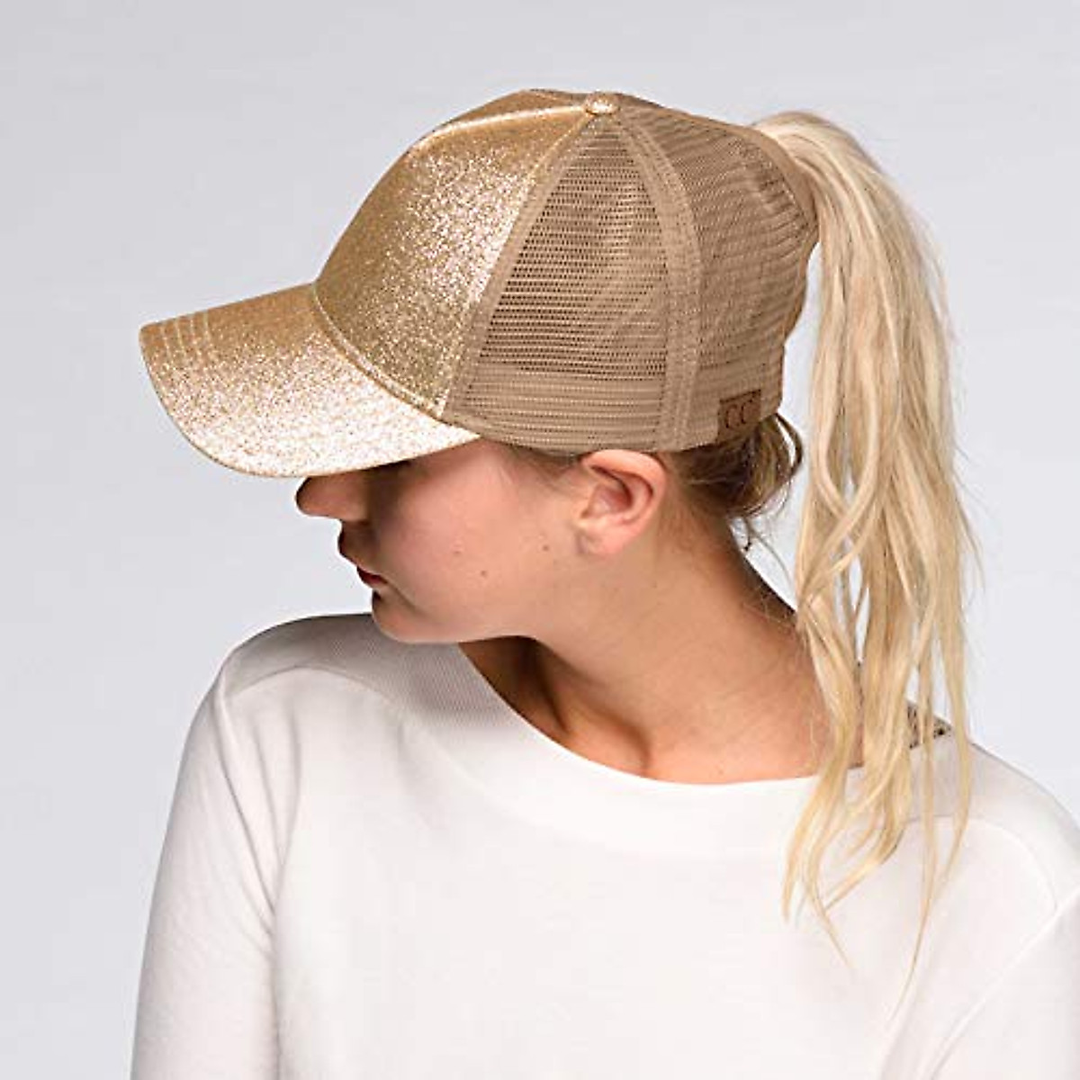 C.C Hatsandscarf Ponytail caps Messy Buns Trucker Plain Baseball Cap (BT-6) (Glitter-Gold)