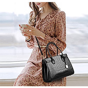 PU Leather Purses and Handbags Crossbody for Women Fashion Crocodile Pattern Top Handle Satchel Purse Set 3pcs (Black)