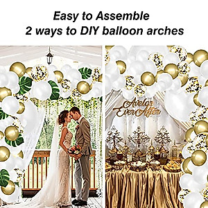 RUBFAC 145pcs White Balloon Arch Garland Kit White Gold and Golden Confetti Balloons for Parties,Baby Shower, Wedding, Engagements, Anniversary, Birthday Decorations DIY with Artificial Palm Leaves