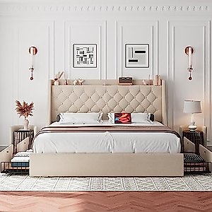 iPormis Queen Bed Frame with 4 Storage Drawers, Upholstered Platform Bed Frame with Type-C & USB Ports, Wingback Storage Headboard, Solid Wood Slats, No Box Spring Needed, Beige